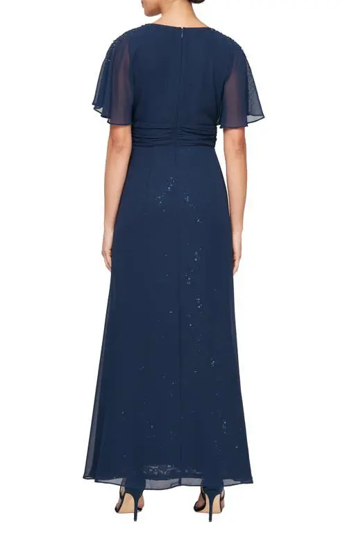 SL FASHIONS Beaded Flutter Sleeve A-line Gown
