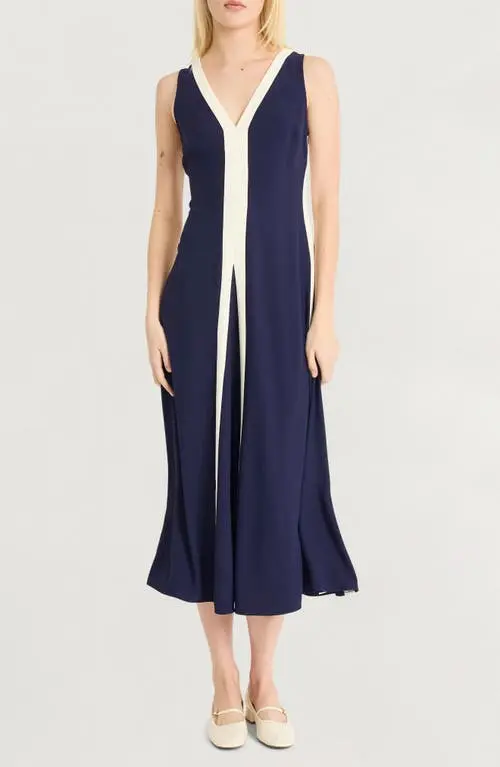 LUXELY Stripe V-neck Maxi Dress - Evening Blue/ White Smoke