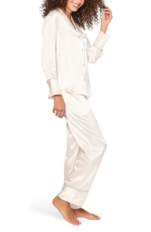 PETITE PLUME Piped Mulberry Silk Pajamas - White