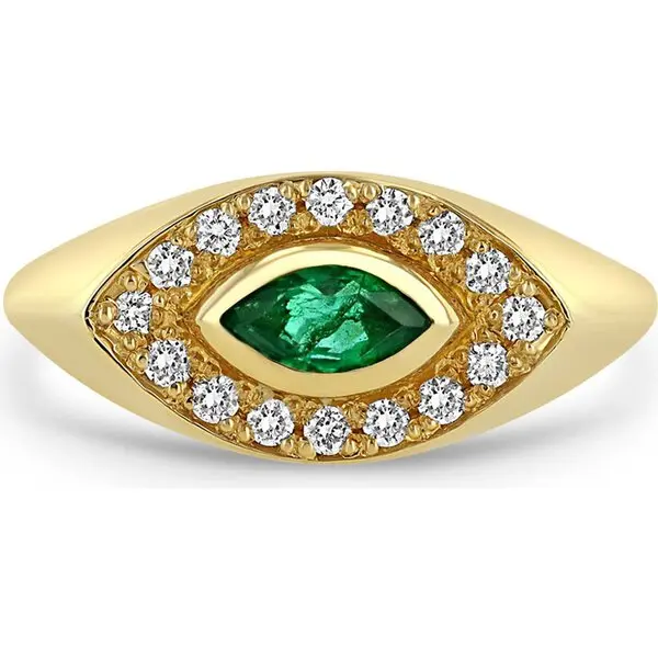 Zoe Chicco Marquis Emerald And Diamond Signet Ring - 14k Yellow Gold