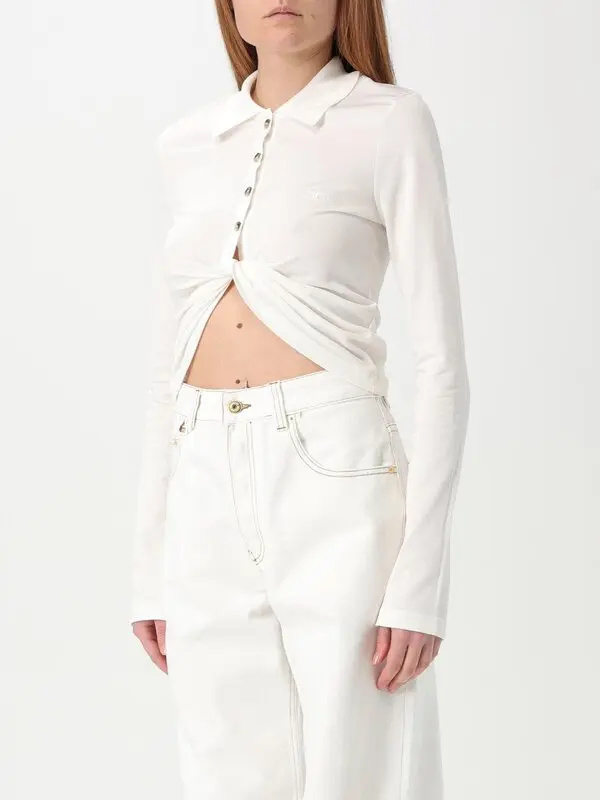 COURREGES Long Sleeve Polo Shirt With Front Knot Detail - White