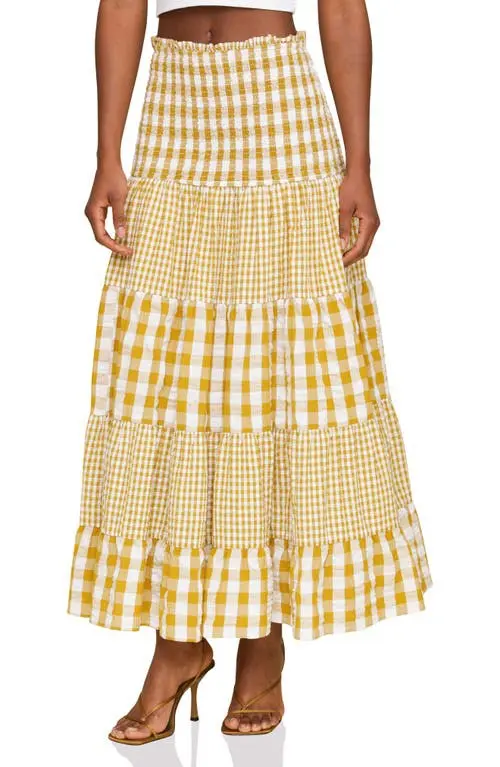 Avec Les Filles Mixed Print Tiered Cotton Gingham Maxi Skirt
