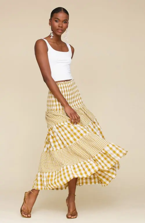 Avec Les Filles Mixed Print Tiered Cotton Gingham Maxi Skirt