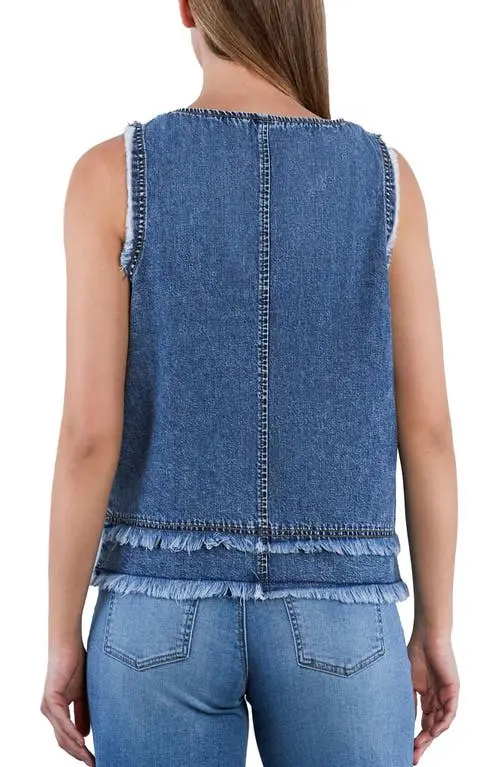 WASH LAB DENIM Sleeveless Layered Fray Hem Top - Blue Surf
