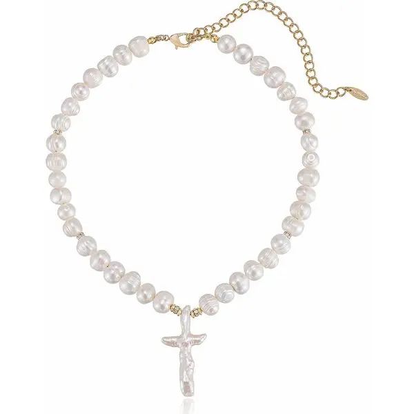 Ettika Freshwater Pearl Cross Pendant Necklace - Gold
