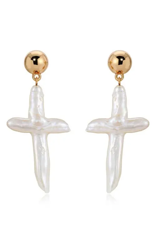 Ettika Freshwater Pearl Cross Drop Earrings - Gold