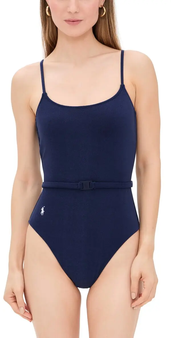 Ralph Lauren Kennedy Belted One-Piece Swimsuit Navy Editorialist