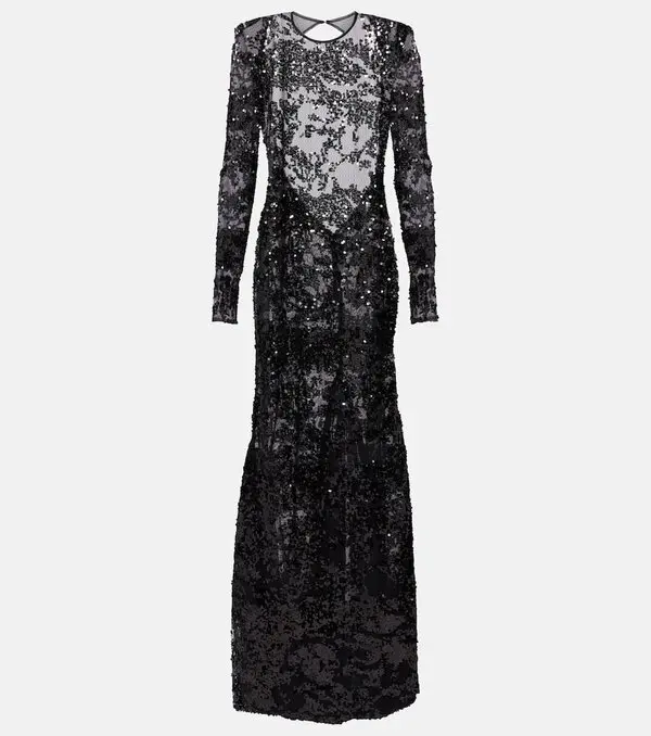 Victoria Beckham Long Sleeve Sequin Maxi Dress In Black 30% Off