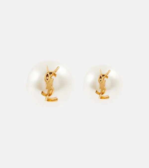 Saint Laurent Logo Faux Pearl Stud Earrings - White