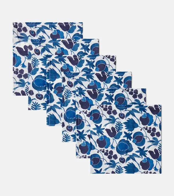 La DoubleJ Large Set Of 6 Floral Napkins - Blue