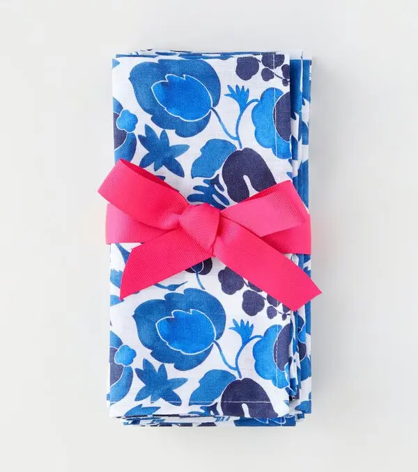 La DoubleJ Large Set Of 6 Floral Napkins - Blue