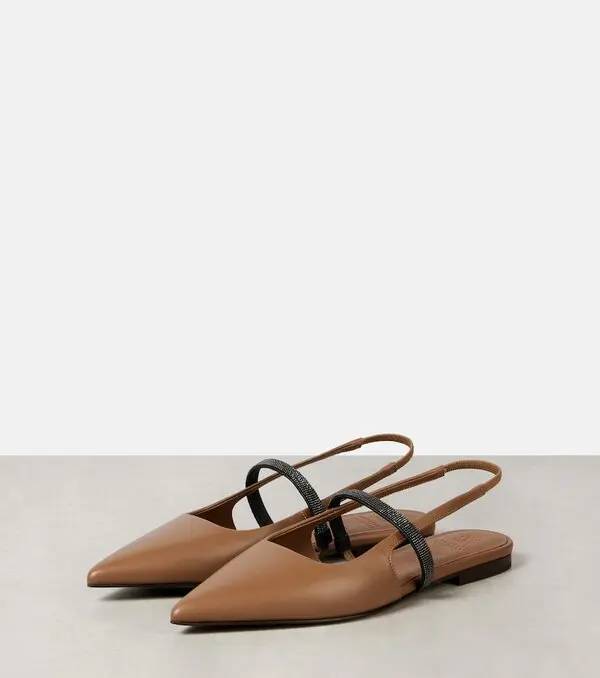 Brunello Cucinelli Leather Slingback Flats - Brown