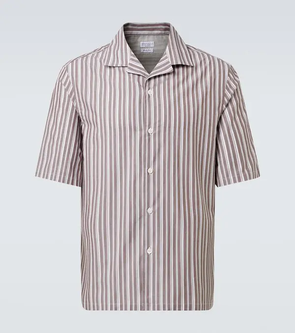 Brunello Cucinelli Striped Cotton Bowling Shirt - Brown