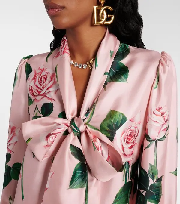 Dolce & Gabbana Floral Silk Satin Blouse With Tie Neck