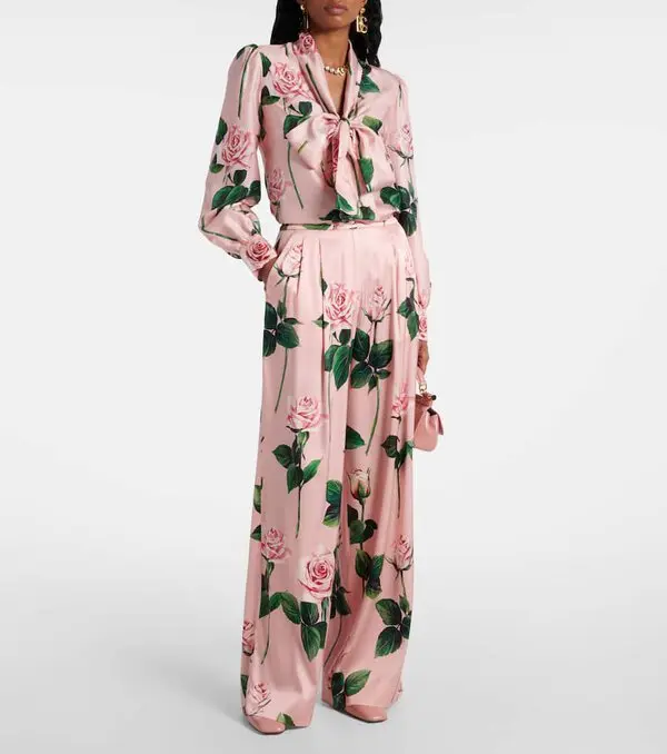 Dolce & Gabbana Floral Silk Satin Blouse With Tie Neck