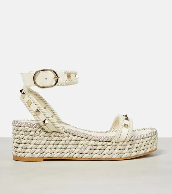 Valentino Garavani Rockstud Leather Wedge Espadrilles