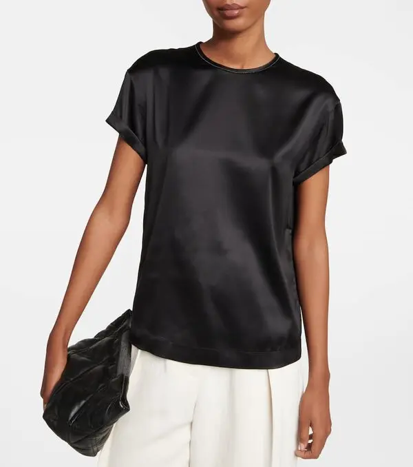 Brunello Cucinelli Embellished Silk-blend Satin T-shirt