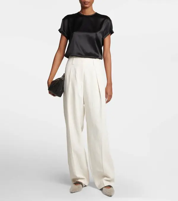 Brunello Cucinelli Embellished Silk-blend Satin T-shirt