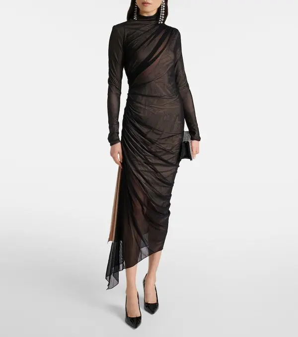 MUGLER Asymmetrical Mesh Midi Dress