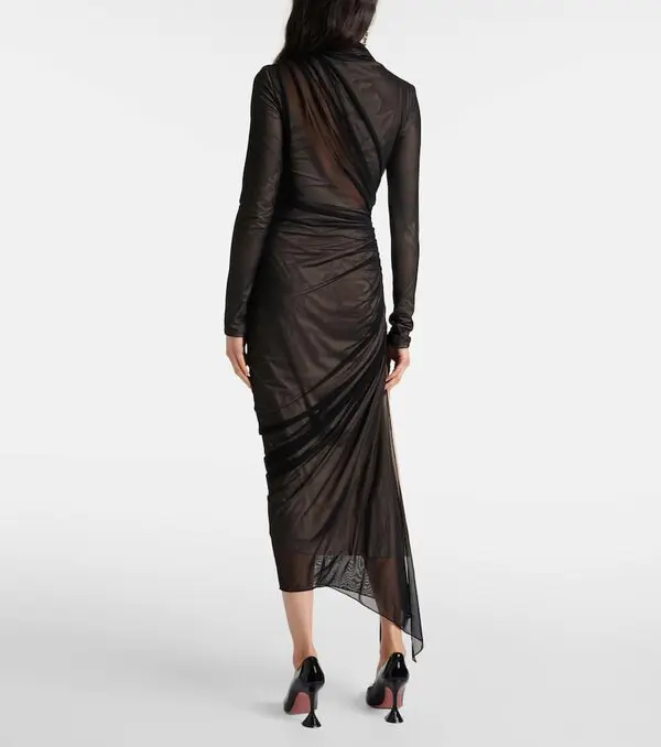 MUGLER Asymmetrical Mesh Midi Dress