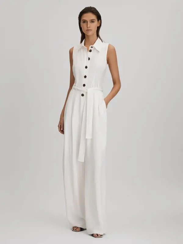 REISS Perla Belted Wide Leg Jumpsuit - White
