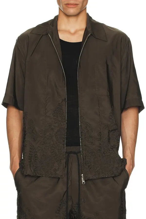 SONG FOR THE MUTE Zip Up Box Shirt In Dark Green