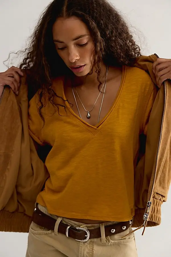 Free People We The Free Boxy Cropped V-neck Tee - Bronzer