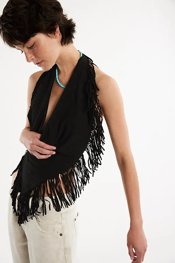 UNDERSTATED LEATHER Fringe Halter Top - Black