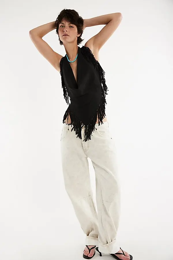 UNDERSTATED LEATHER Fringe Halter Top - Black