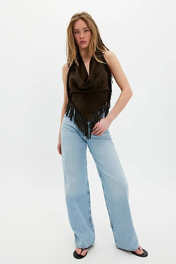 UNDERSTATED LEATHER Fringe Halter Top