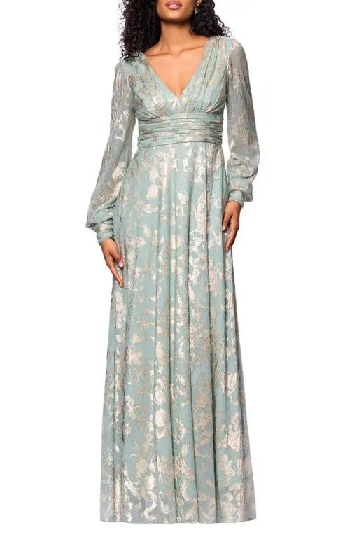 Betsy & Adam Foil Pattern Long Sleeve Gown - Sage/ Gold