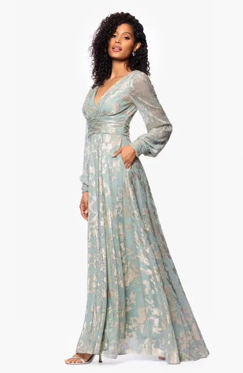 Betsy & Adam Foil Pattern Long Sleeve Gown - Sage/ Gold