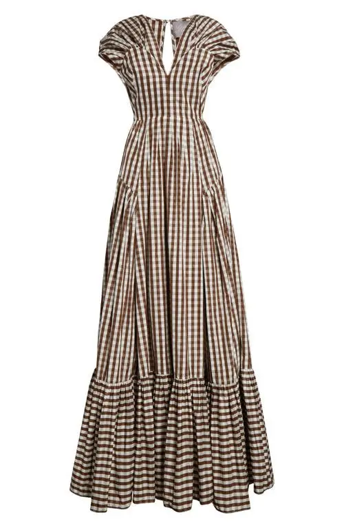 brown gingham dress long Rihoas Checkered Square Neck Midi Dress
