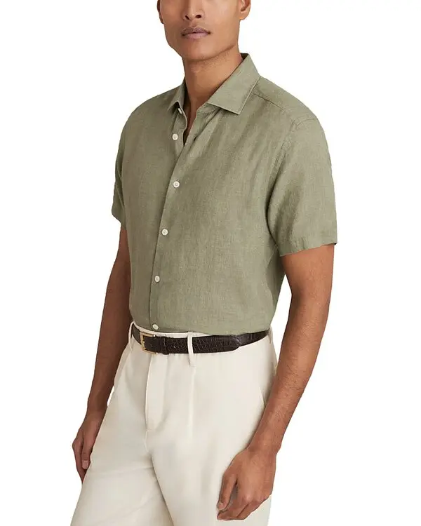 REISS Holiday Slim Fit Short Sleeve Linen Shirt - Thyme Green