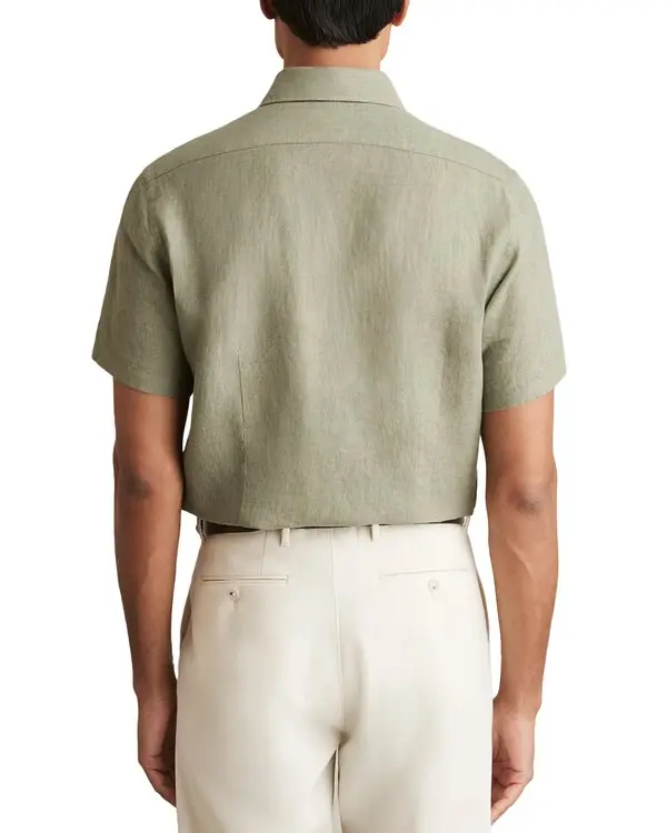 REISS Holiday Slim Fit Short Sleeve Linen Shirt - Thyme Green