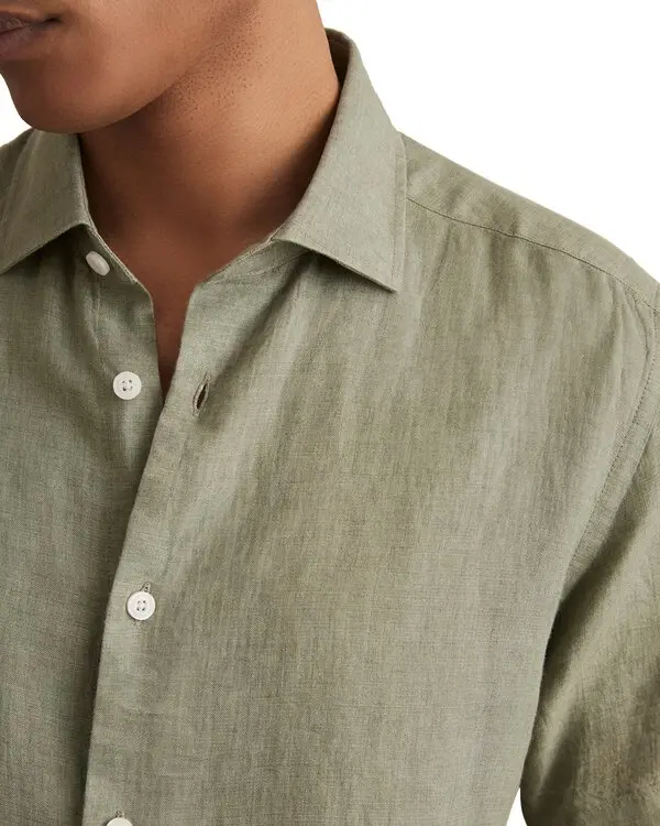 REISS Holiday Slim Fit Short Sleeve Linen Shirt - Thyme Green