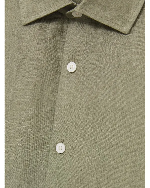 REISS Holiday Slim Fit Short Sleeve Linen Shirt - Thyme Green