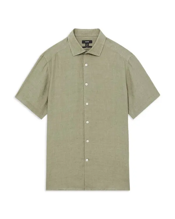 REISS Holiday Slim Fit Short Sleeve Linen Shirt - Thyme Green