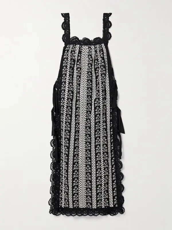 Loretta Caponi Fiocchini Lace-trimmed Embroidered Cotton-voile Midi Dress - Black