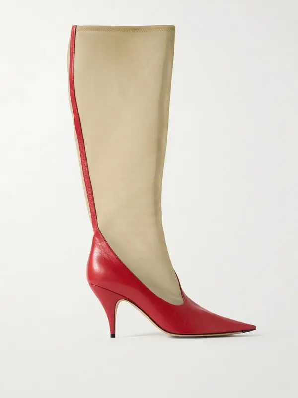 THE ROW Mesh And Leather Knee High Pointed Toe Heeled Boots
