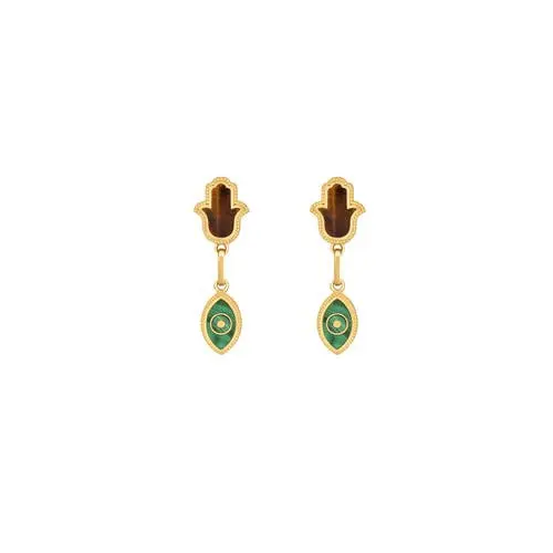 KARMA AND LUCK Tiger's Eye & Malachite Dangle Earrings - Gold/green/brown