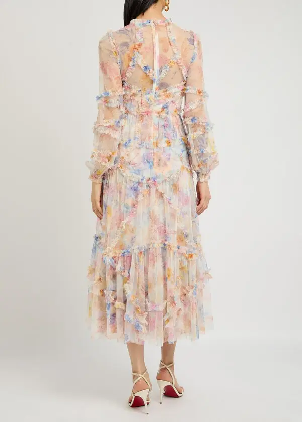 NEEDLE & THREAD Floral-embellished Tulle Midi Dress