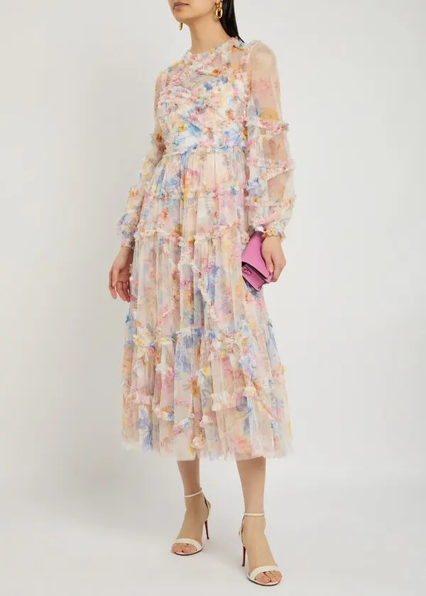 NEEDLE & THREAD Floral-embellished Tulle Midi Dress