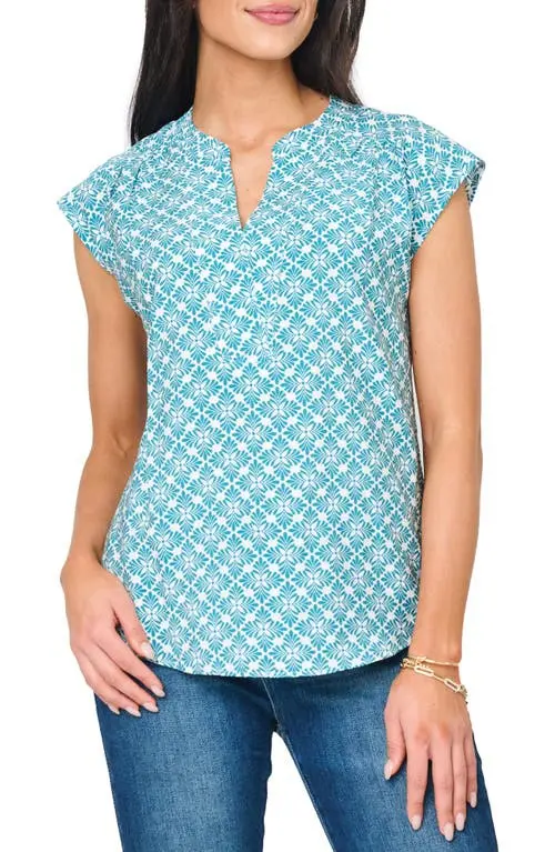 GIBSONLOOK Split Neck High-low Top - Teal Leaf Tile