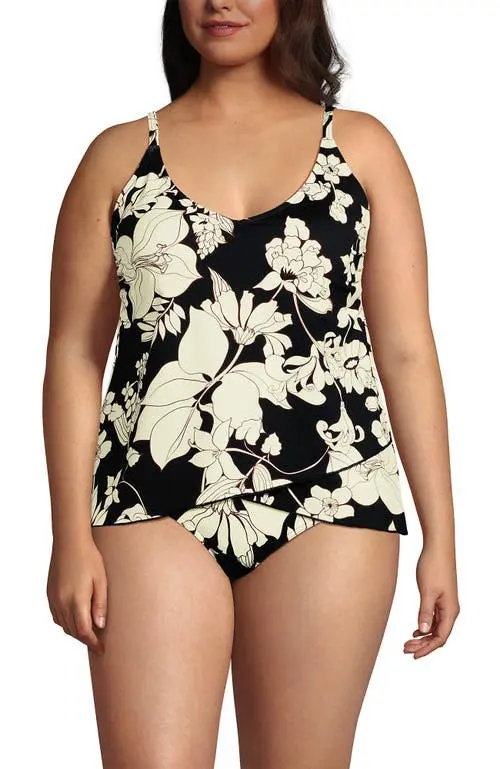 LANDS' END Dd-cup Chlorine Resistant V-neck Tankini Top - Black/egret Lilies