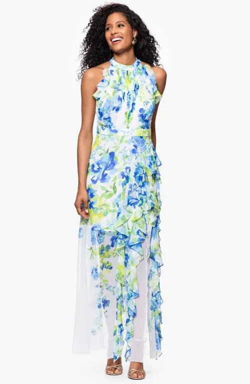 Betsy & Adam Print Ruffle Gown