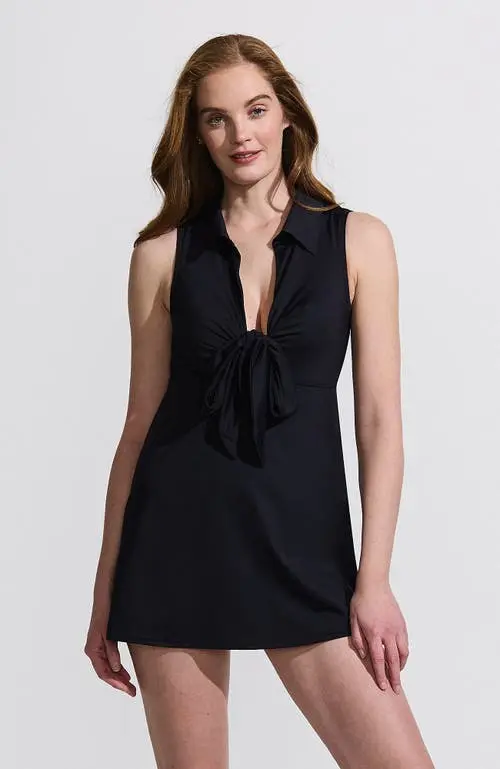 LANDS' END Polo Collar Tie Front Swim Dress - Black