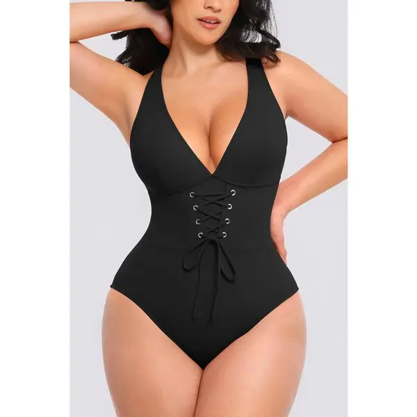 SHAPELLX Plunge Lace-up Corset Shaping One-piece Swimsuit - Black