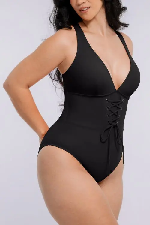 SHAPELLX Plunge Lace-up Corset Shaping One-piece Swimsuit - Black
