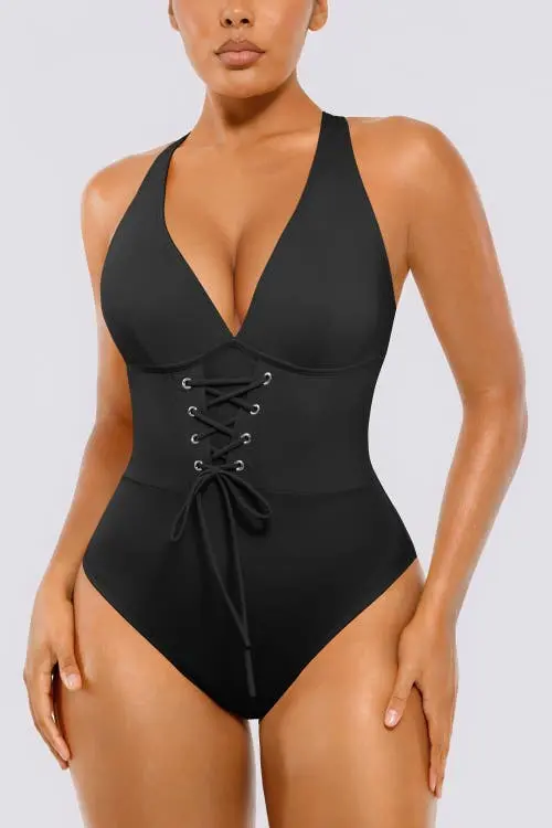 SHAPELLX Plunge Lace-up Corset Shaping One-piece Swimsuit - Black